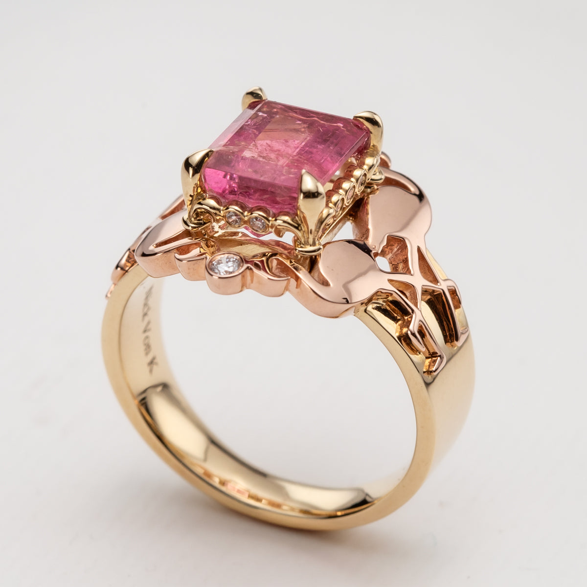 Pink Tourmaline & Diamonds Tequila Sunrise Ring in 9 Carat Yellow Gold ...