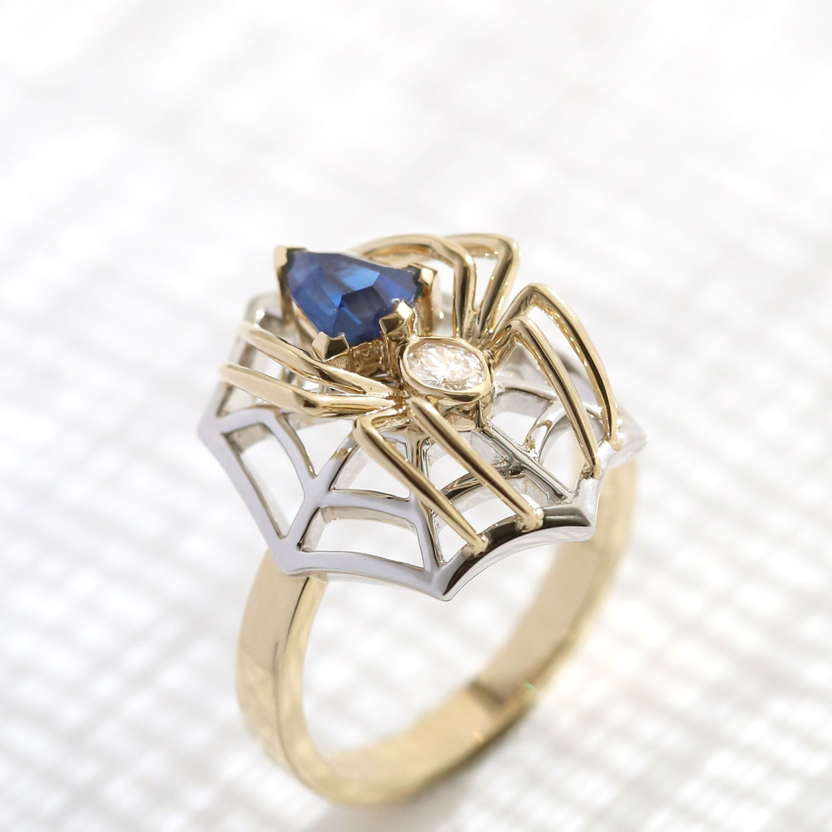 Blue Sapphire and Diamond Nouveau Spider Ring in 9 carat White and Yel ...